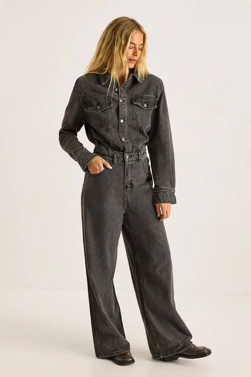 Nasty Gal Denim Shoulder Pad Boilersuit - Washed Black