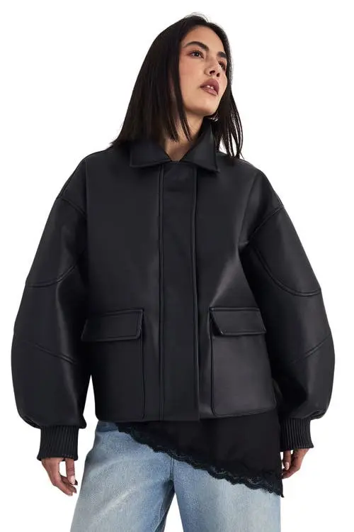 Nasty Gal Longline Faux Leather Bomber Jacket - Black