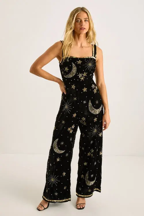 Nasty Gal Velvet Celestial Embellished Jumpsuit - Black