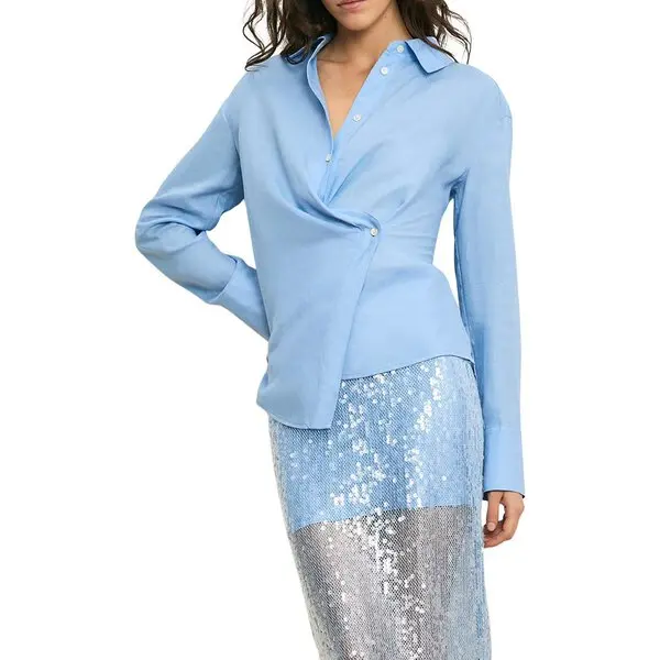 Veronica Beard Perezzi Asymmetric Linen Button-up Shirt - Blue Jay