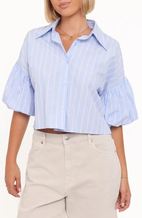PETAL & PUP Zella Stripe Puff Sleeve Cotton Button-up Shirt - Blue White Stripe