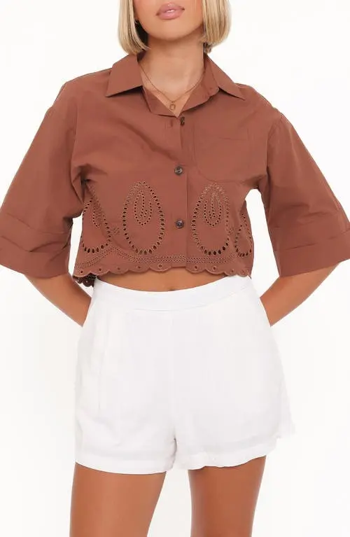 PETAL & PUP Williams Eyelet Scalloped Hem Crop Button-up Shirt - Brown