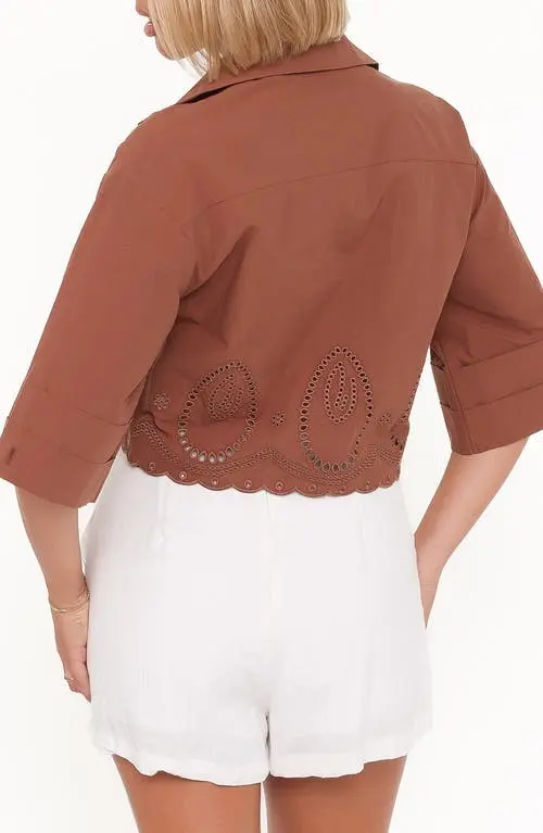 PETAL & PUP Williams Eyelet Scalloped Hem Crop Button-up Shirt