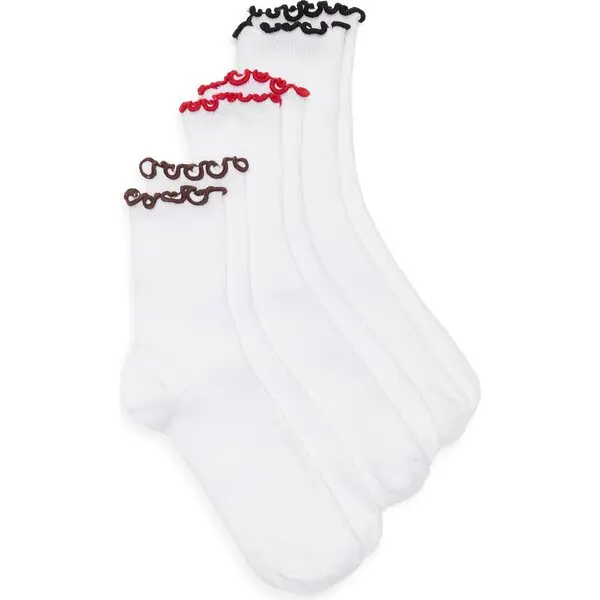 Bp. Assorted Contrast Trim Lettuce Edge Crew Socks 3-pack - Red-black-brown