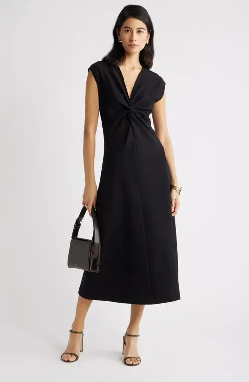 Nordstrom Twist Front Cap Sleeve Midi Dress - Black