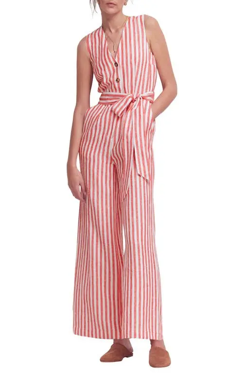 Boden Laura Stripe Linen Jumpsuit - Red Stripe