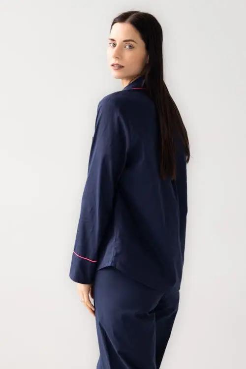 SALUA Classic Woven Cotton Pajama Set - Navy/pink