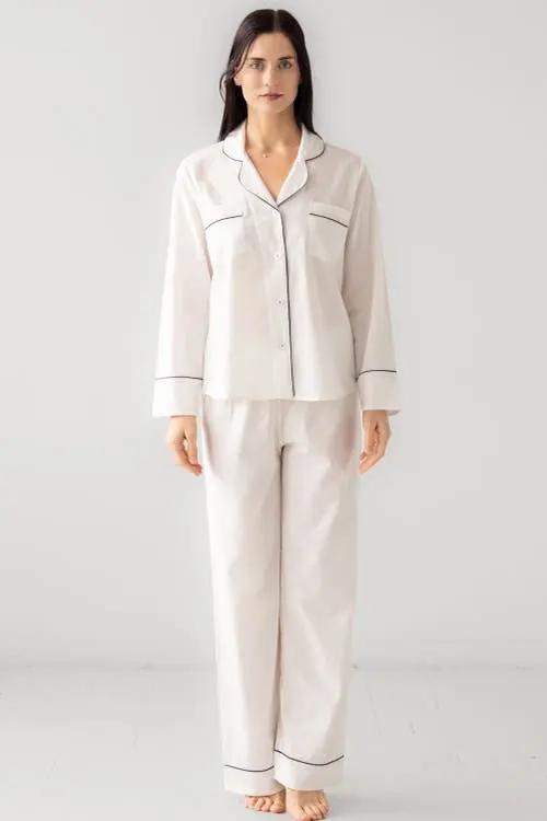 SALUA Classic Woven Cotton Pajama Set - White/navy