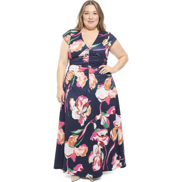 24SEVEN COMFORT APPAREL Floral V-neck Cap Sleeve Ruched Front Maxi Length Dress - Navy Multi