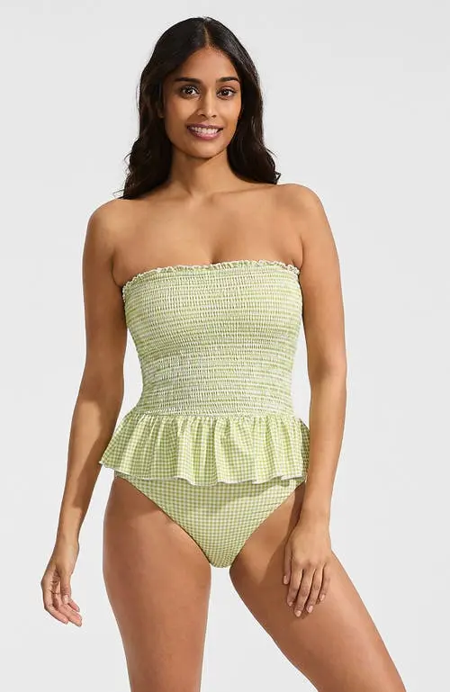 LANDS' END Smocked Bandeau Peplum One-piece Swimsuit - Bright Pistachio Gingham