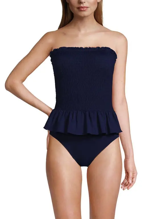 LANDS' END Smocked Bandeau Peplum One-piece Swimsuit - Deep Sea Navy