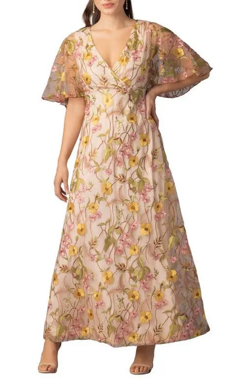 KIYONNA Embroidered Elegance Evening Gown With Sleeves - Sunkissed Garden