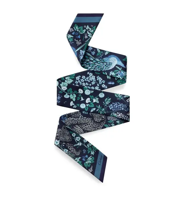 Cartier Silk Blooming Panthère Skinny Scarf - Navy