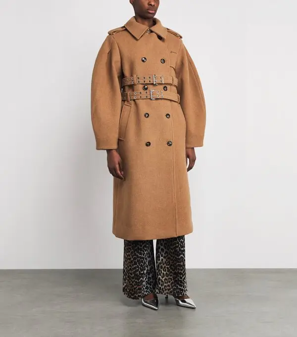 GANNI Wool-blend Belted Trench Coat