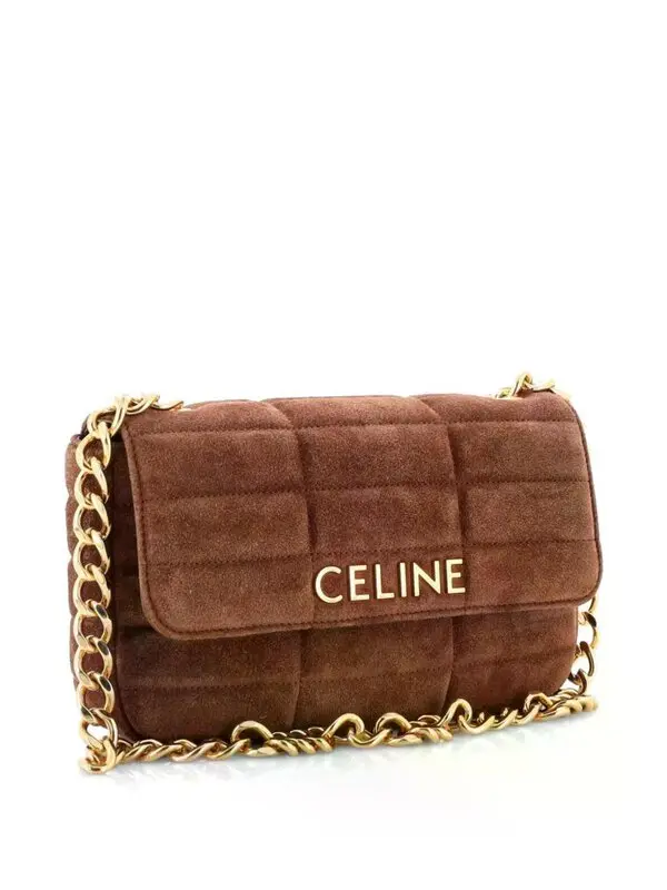 Celine Logo Chain Flap Bag Quilted Suede Small Shoulder Bag - Brown