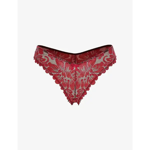 SAVAGE X FENTY Floral Brazilian Corded Lace Briefs - Red Cognac