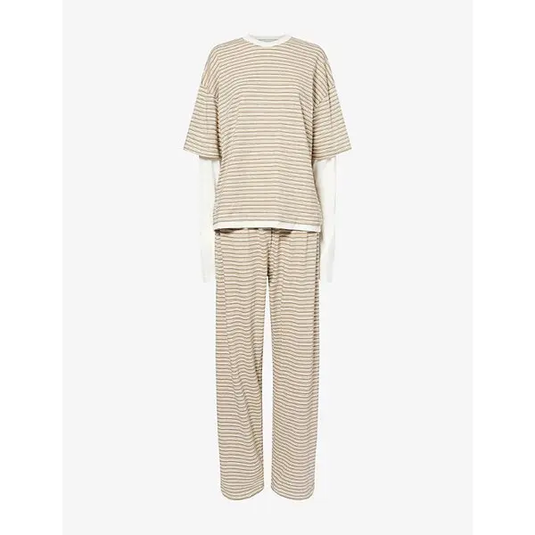 TREATS Striped Slub Cotton Top And Bottoms Set - Beige