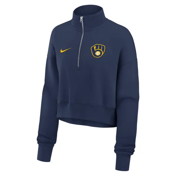 Nike Milwaukee Brewers Phoenix Mlb Cropped 1/4-zip Crew - Blue