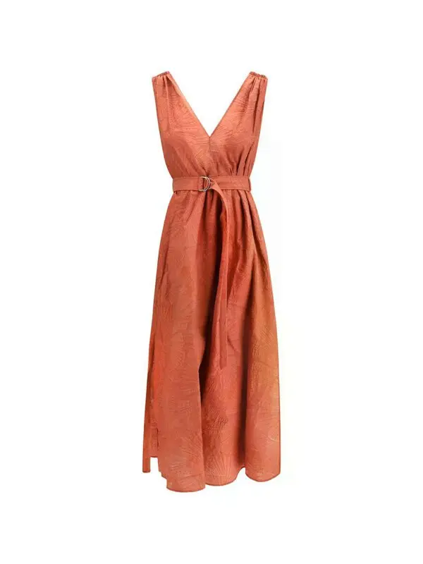 Brunello Cucinelli V-neck Belted Midi Dress - Orange