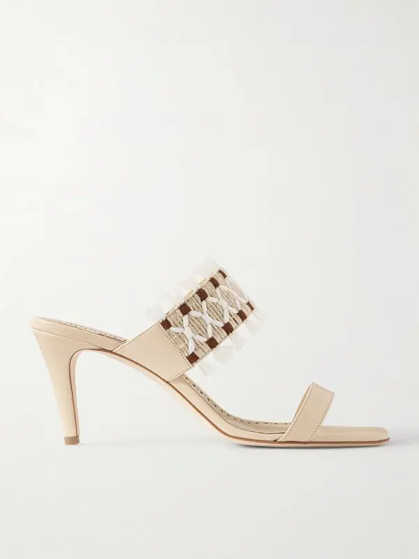 Manolo Blahnik Efeso 70 Fringed Raffia And Leather Sandals - Neutrals