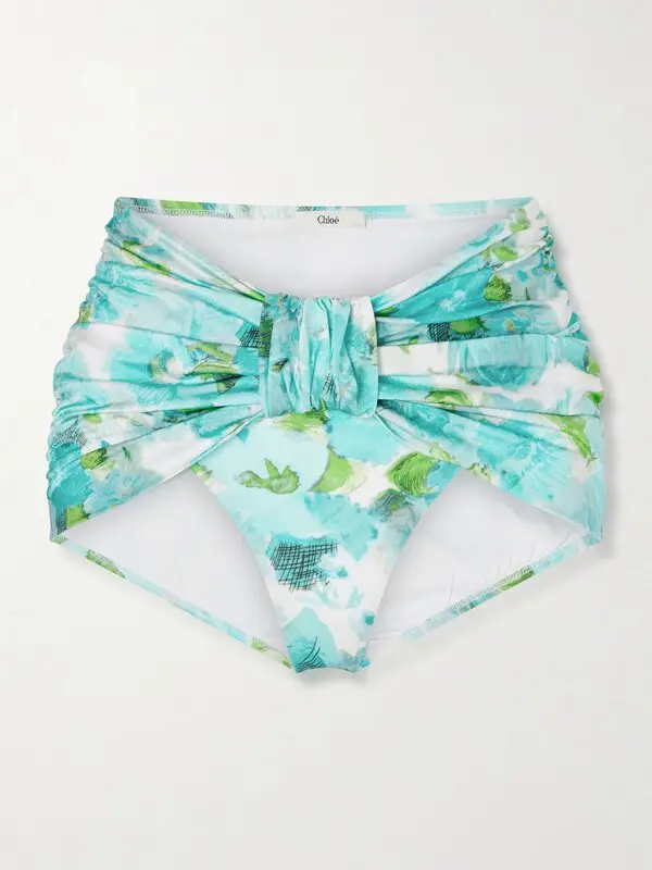 Chloé Ruched Floral-print Bikini Briefs - Blue