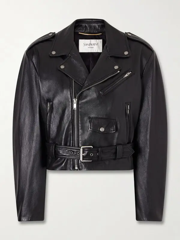 Saint Laurent Glossed Textured-leather Biker Jacket - Black