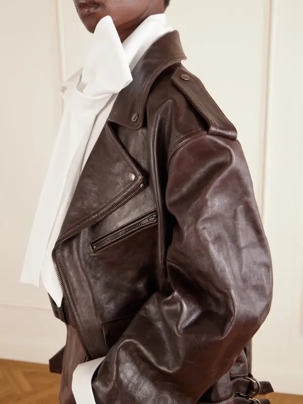 Saint Laurent Glossed Textured-leather Biker Jacket - Brown