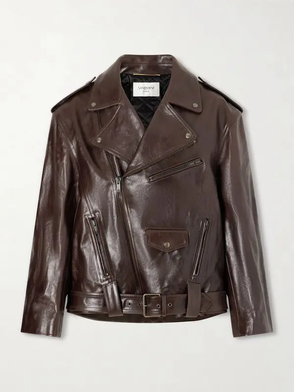 Saint Laurent Glossed Textured-leather Biker Jacket - Brown