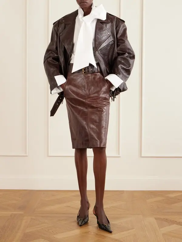 Saint Laurent Glossed Textured-leather Biker Jacket - Brown