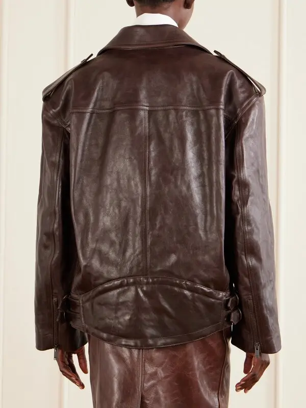 Saint Laurent Glossed Textured-leather Biker Jacket - Brown