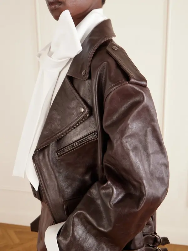 Saint Laurent Glossed Textured-leather Biker Jacket - Brown