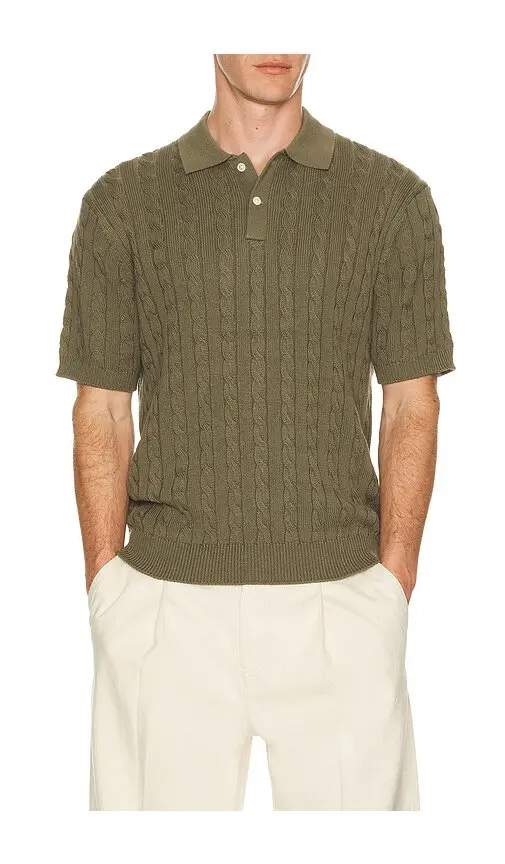 BEAMS Knit Polo Cable In Green - Olive