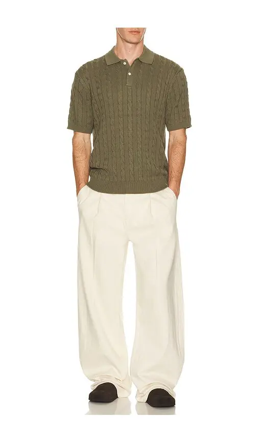 BEAMS Knit Polo Cable In Green - Olive