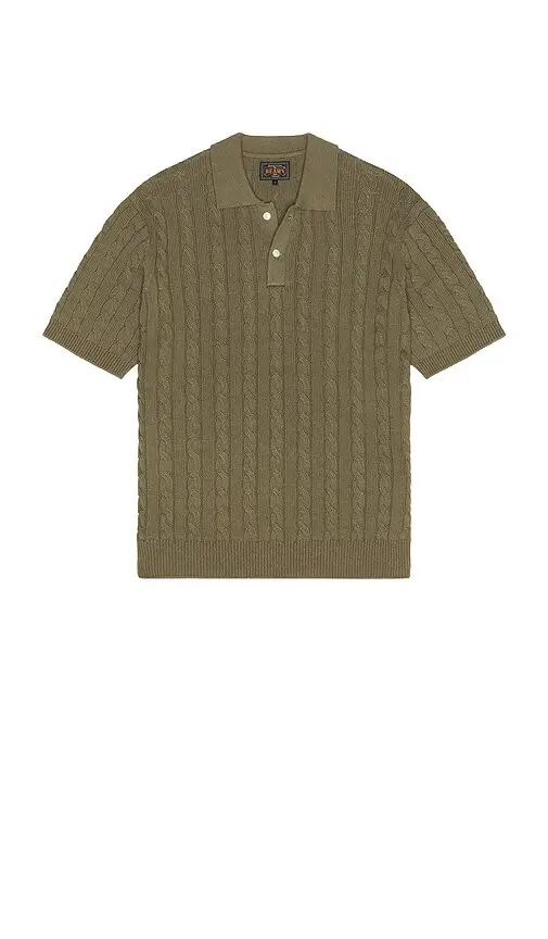 BEAMS Knit Polo Cable In Green - Olive