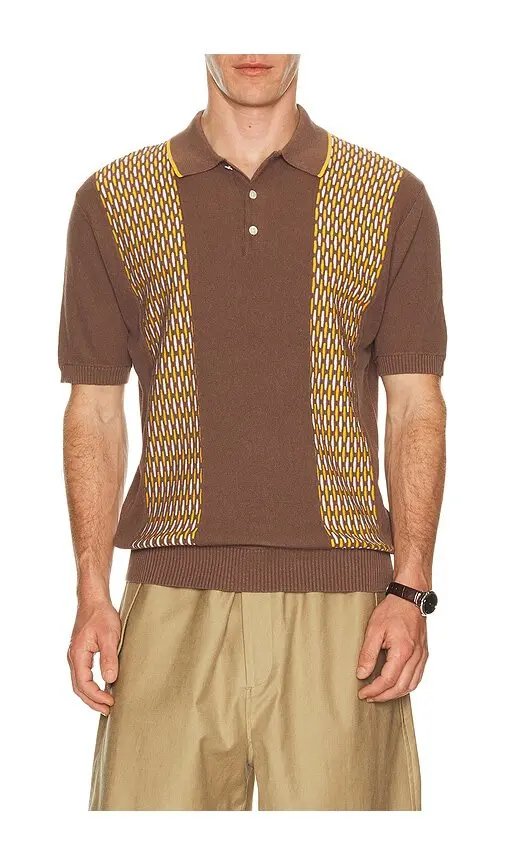 BEAMS Knit Polo Front Stripe Jacquard - Brown