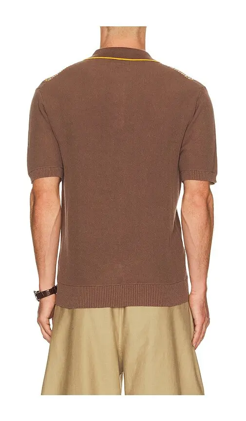 BEAMS Knit Polo Front Stripe Jacquard - Brown