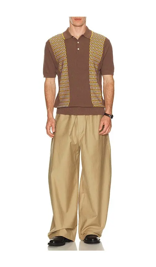 BEAMS Knit Polo Front Stripe Jacquard - Brown
