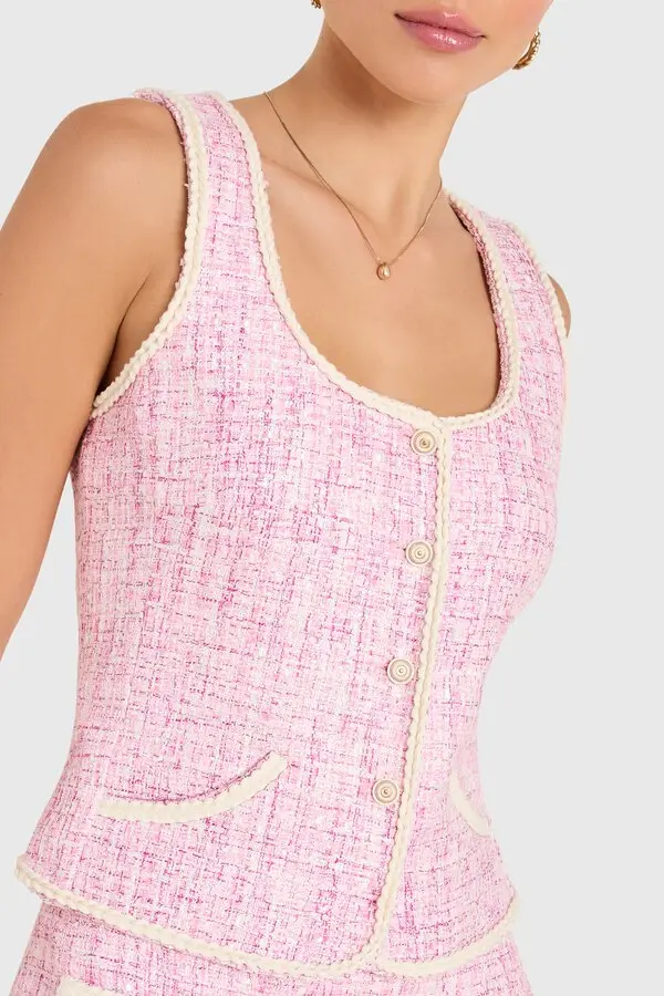 Amanda Uprichard Caligari Tweed Vest With Gold Button Details - Pink