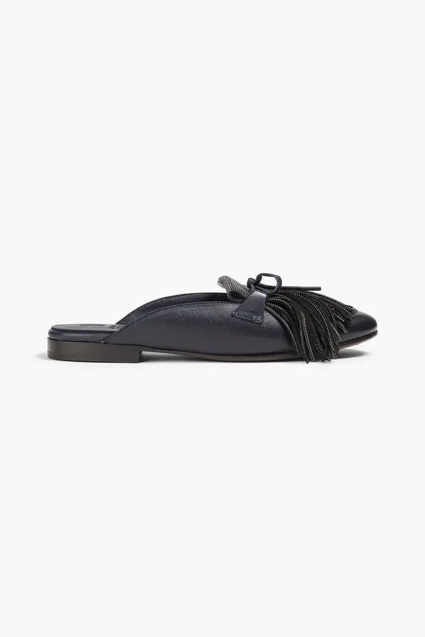 Brunello Cucinelli Bead-embellished Fringed Leather Slippers - Black