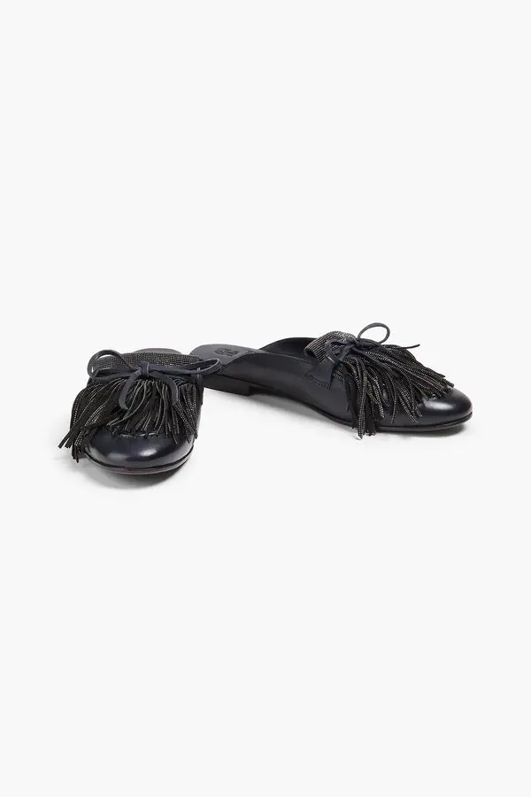 Brunello Cucinelli Bead-embellished Fringed Leather Slippers - Black
