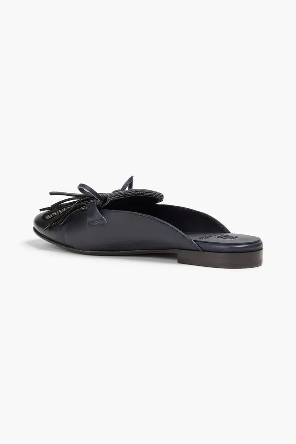 Brunello Cucinelli Bead-embellished Fringed Leather Slippers - Black