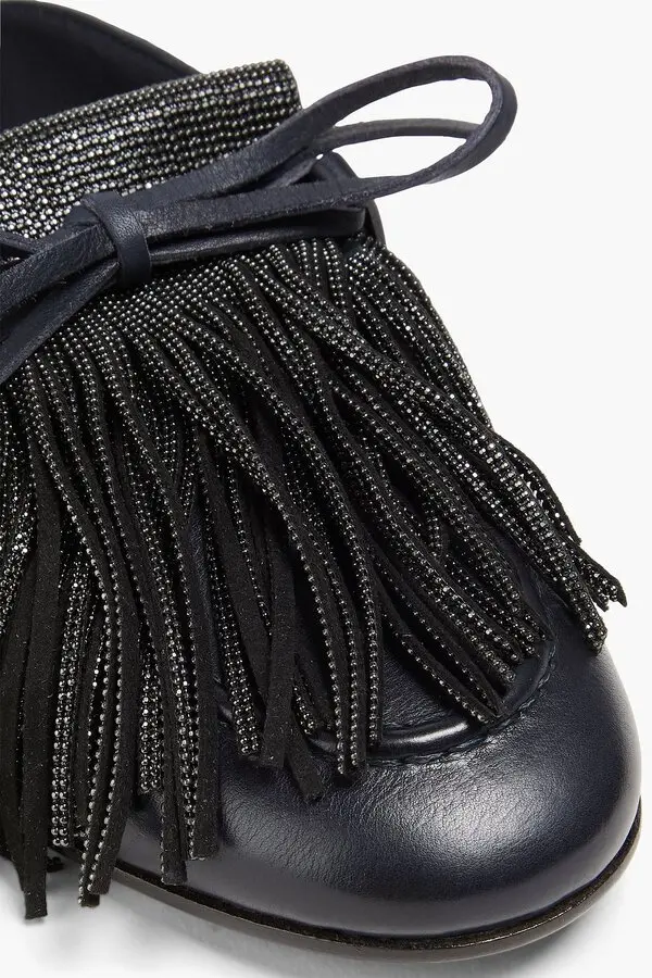 Brunello Cucinelli Bead-embellished Fringed Leather Slippers - Black