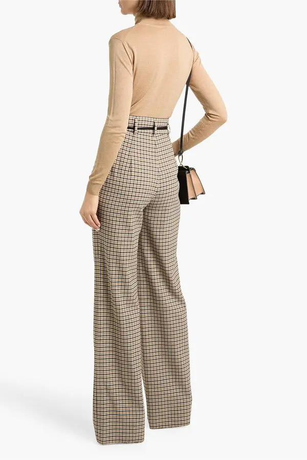 Max Mara Belted Checked Wool Wide-leg Pants - Beige