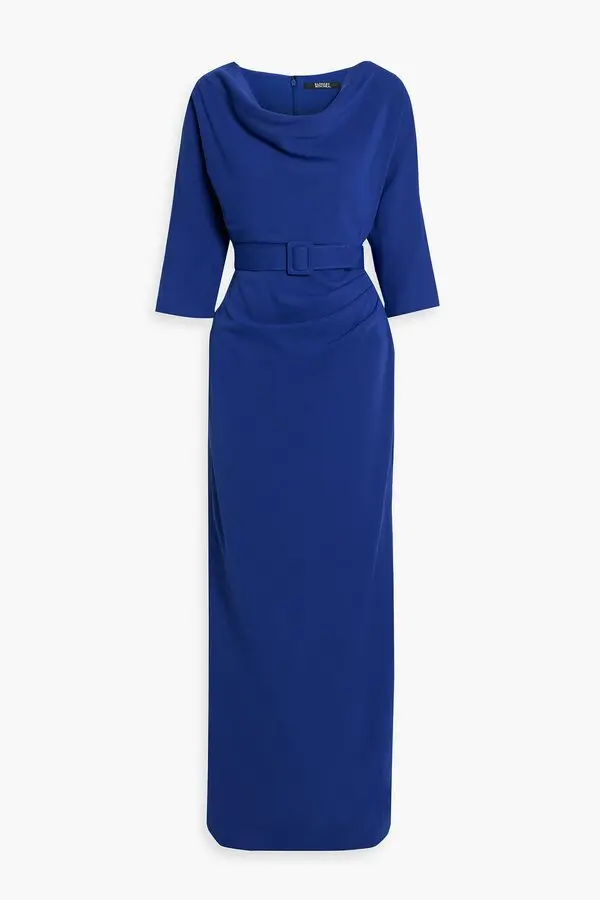 Badgley Mischka Belted Draped Crepe Gown