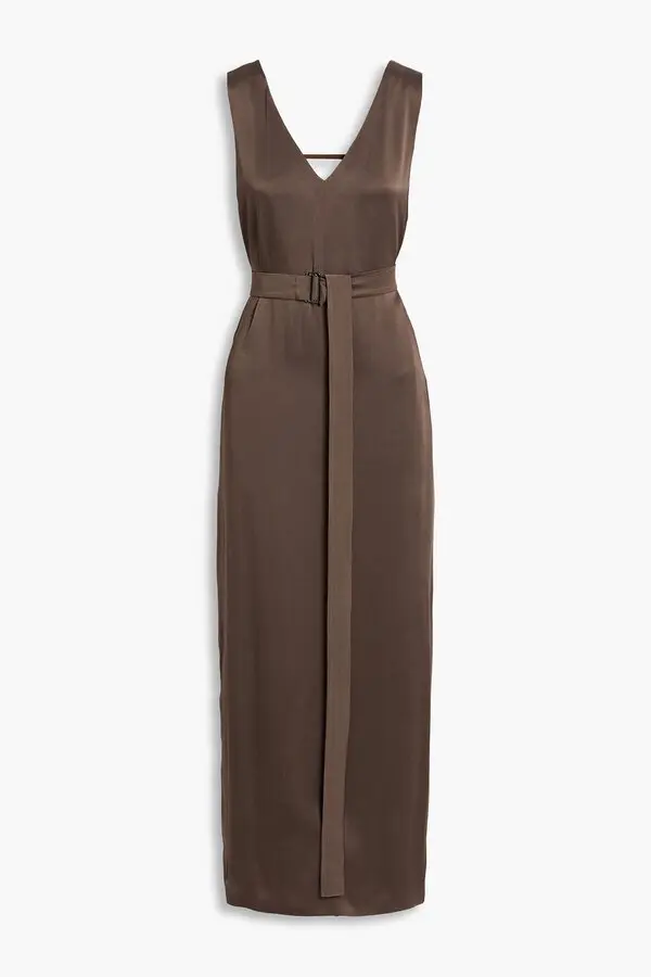 Brunello Cucinelli Belted Crepe-satin Maxi Dress - Brown