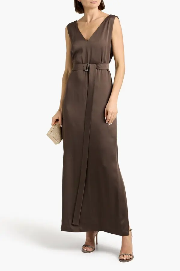 Brunello Cucinelli Belted Crepe-satin Maxi Dress - Brown