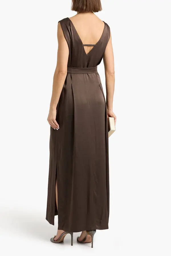 Brunello Cucinelli Belted Crepe-satin Maxi Dress - Brown