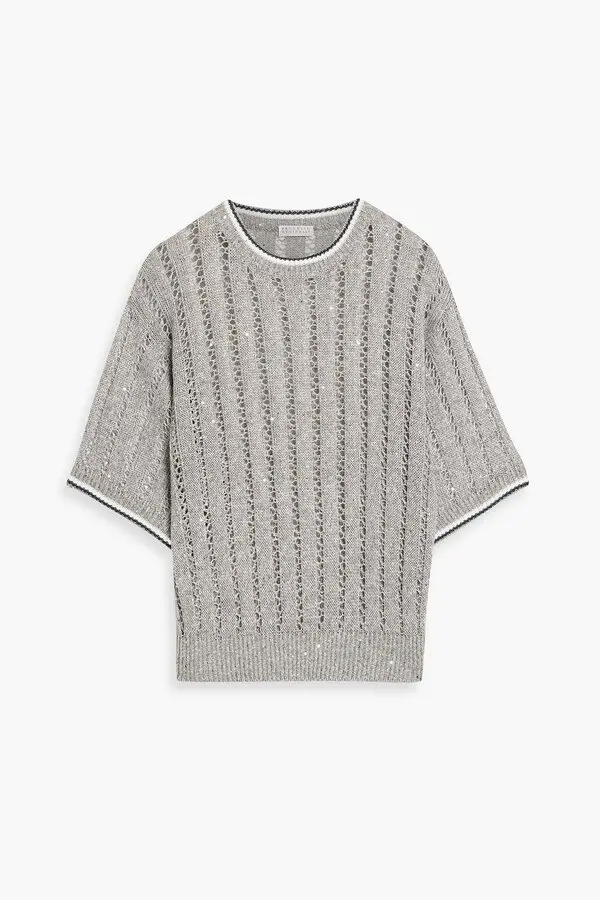 Brunello Cucinelli Sequin-embellished Open-knit Linen-blend Sweater