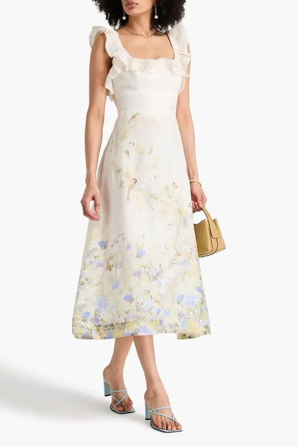 Zimmermann Cutout Floral-print Linen And Silk-blend Midi Dress