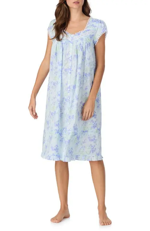 Eileen West Cap Sleeve Short Cotton Nightgown - Aqua Flower